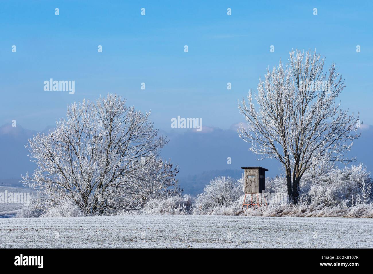 Wooden lookout tower for hunting in winter landscape with frozen trees ...