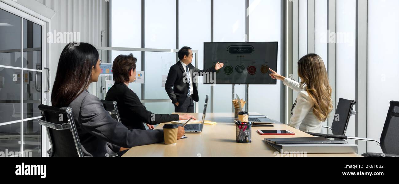 Asian senior manager in black suit giving presentation with large ...