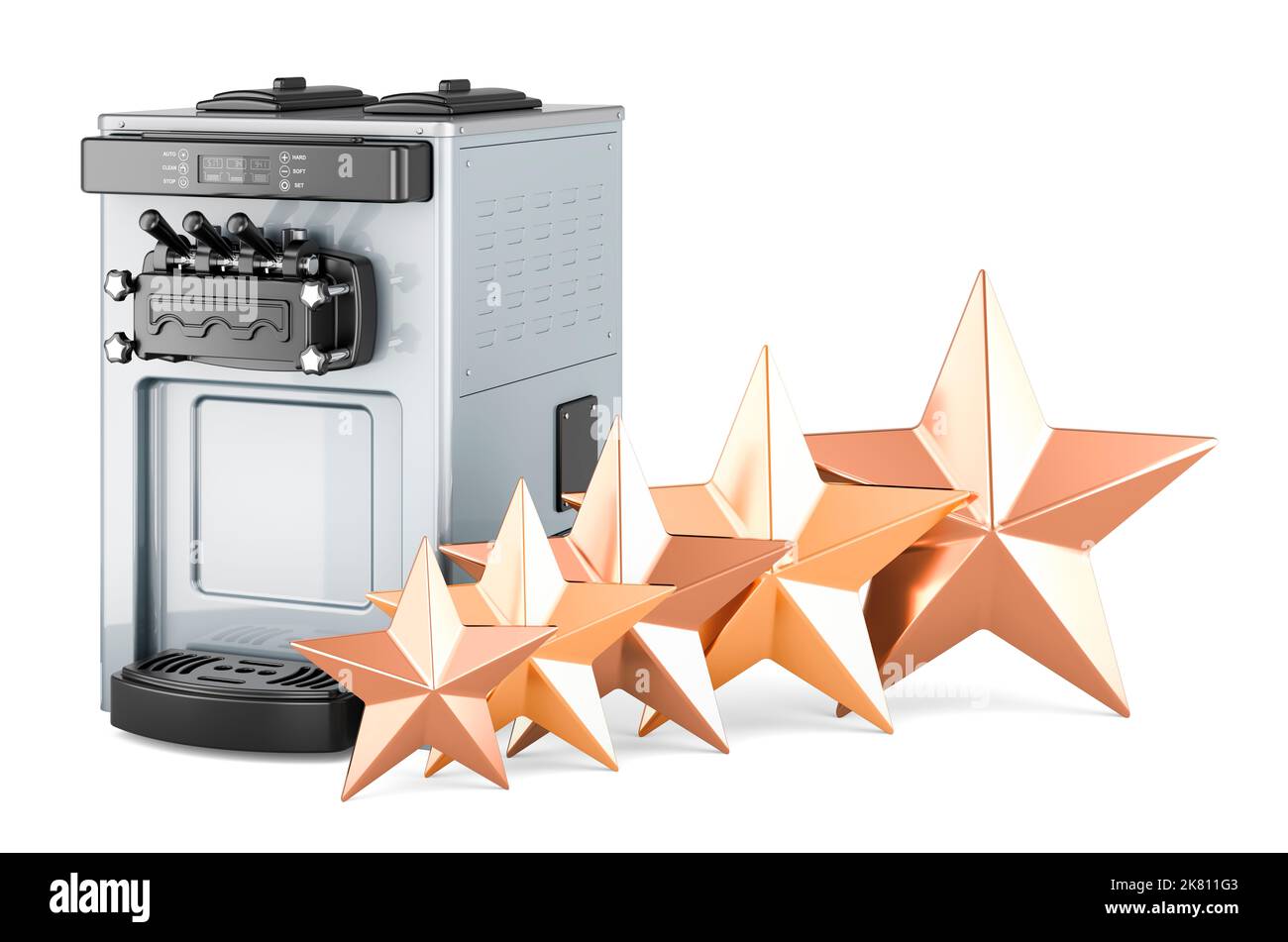 Commercial ice cream machine with five golden stars. 3D rendering isolated on white background ...