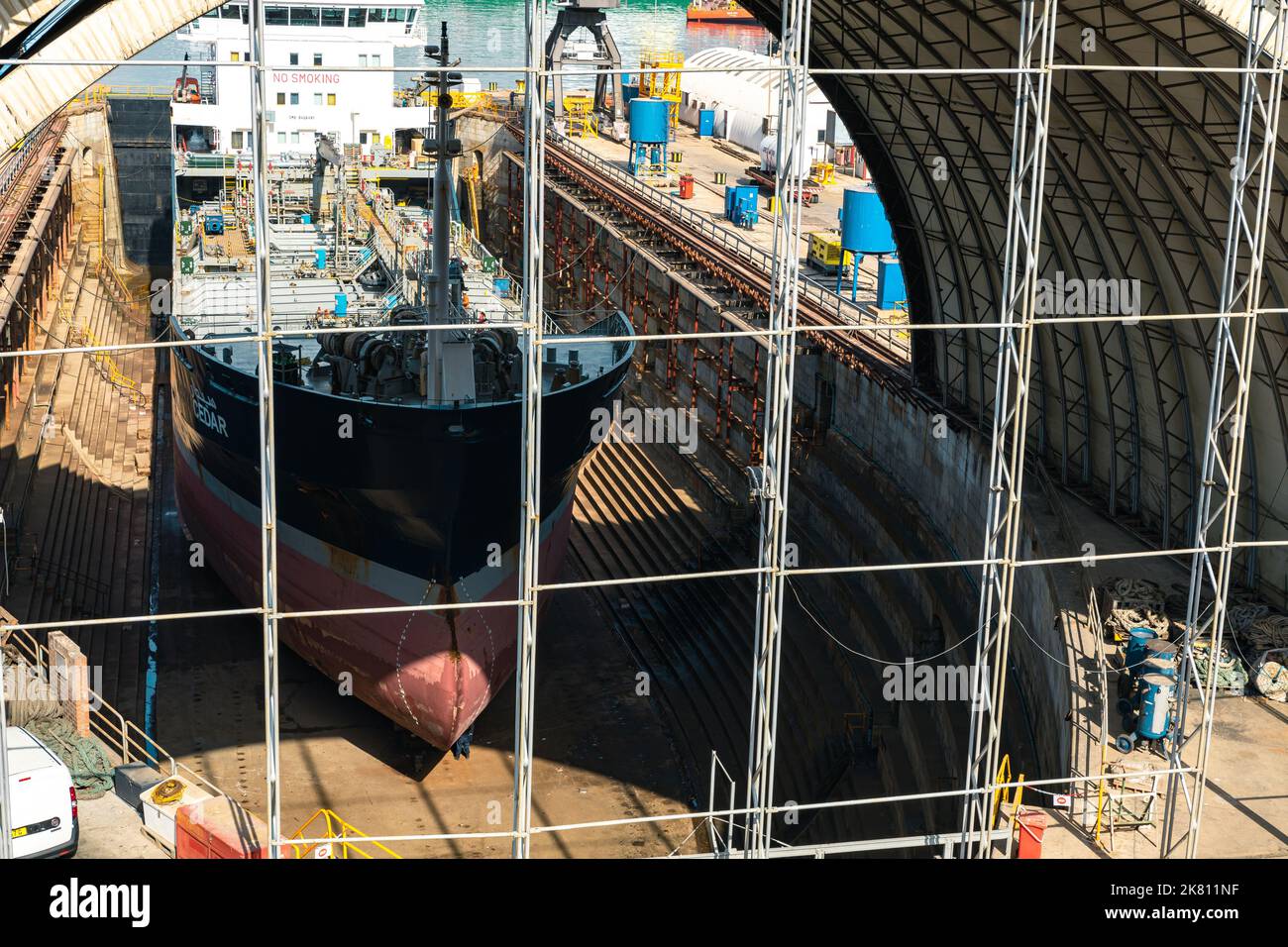 Harbor and the Bay of Gibraltar with its colorful rail cranes ...