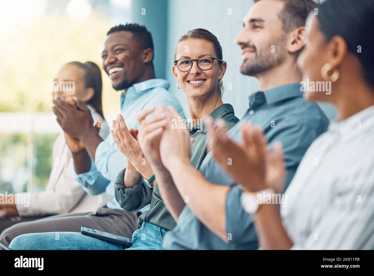 Business audience, hands and clapping in support of speech or ...