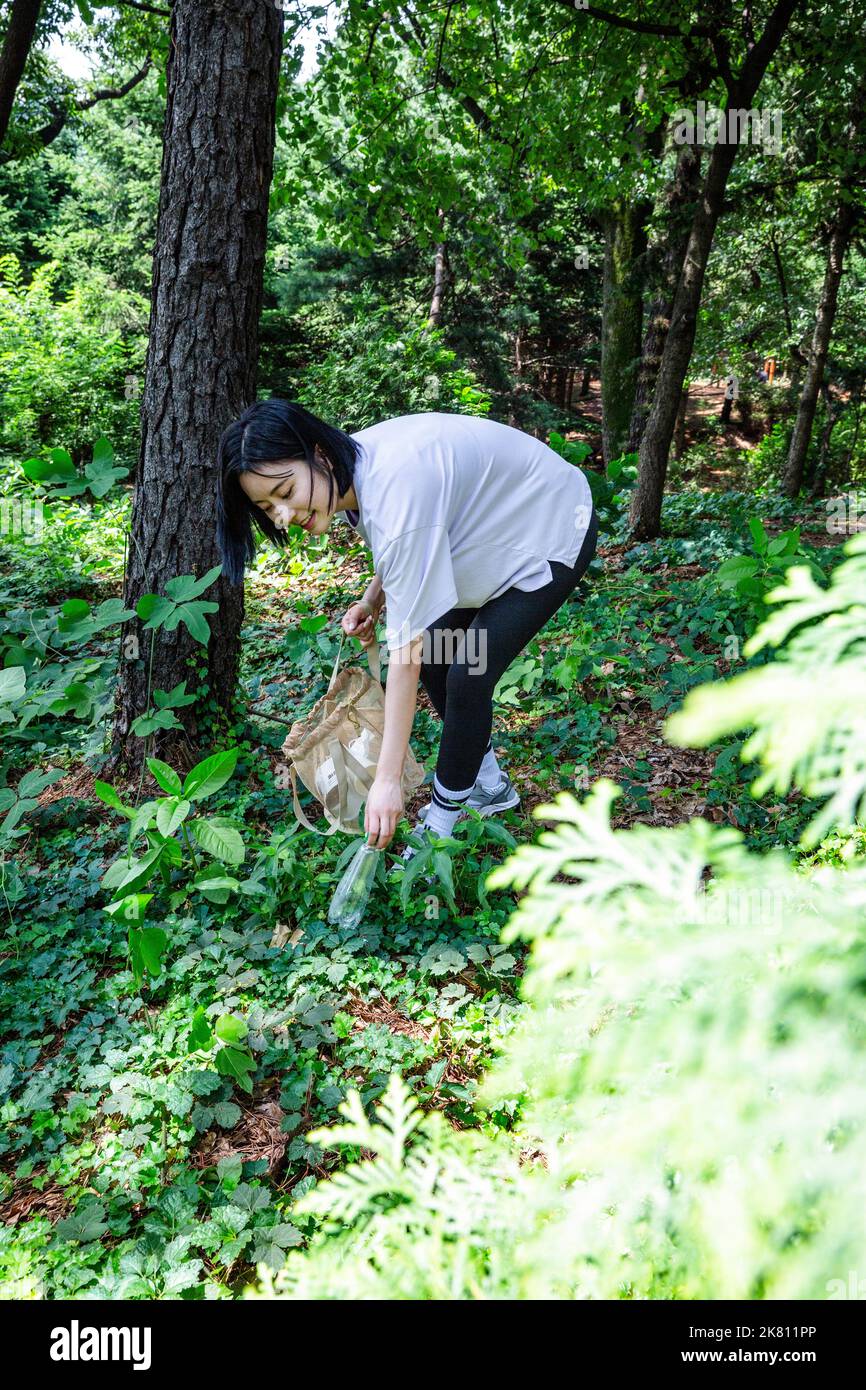 korean young woman hiking and plogging picking up litter, garbage Stock ...