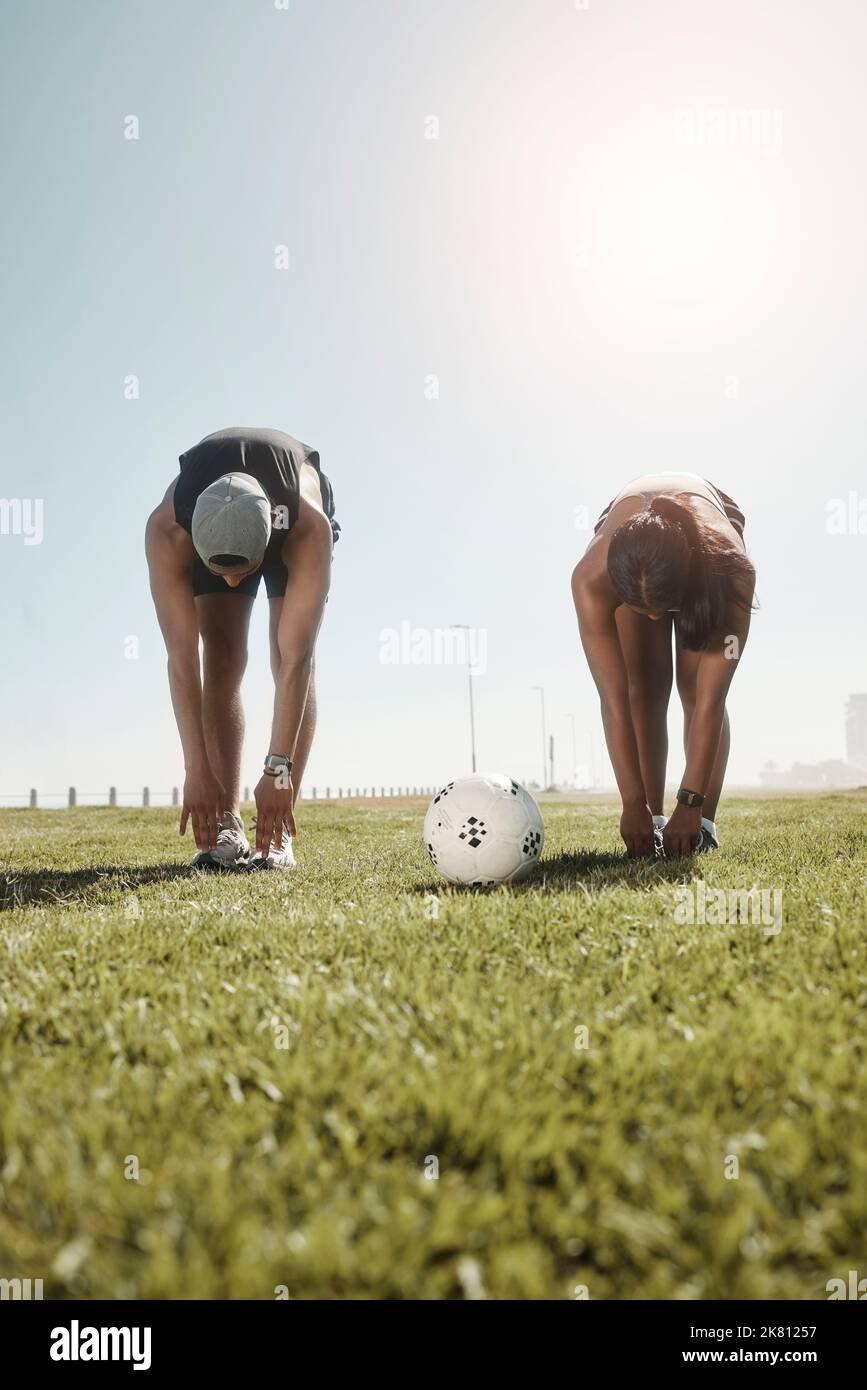 Soccer, stretch and fitness workout people ready for football, training ...