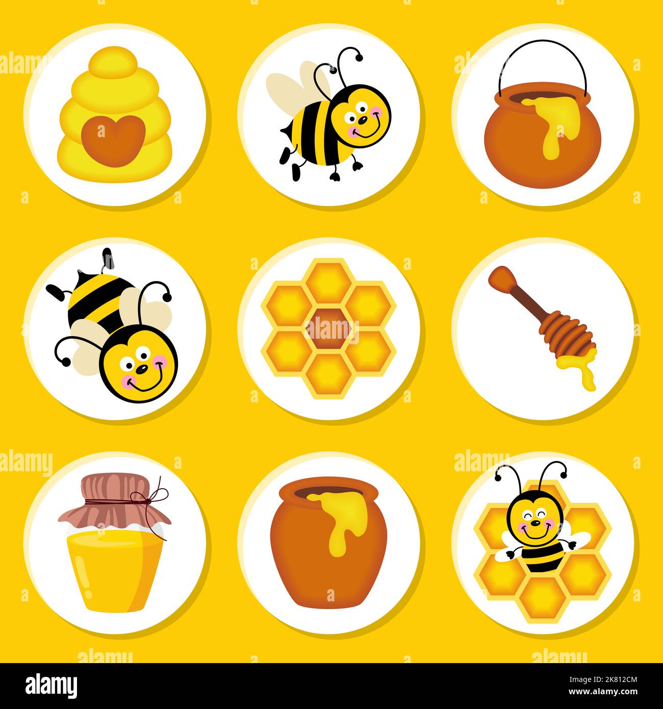Round bee and honey stickers on yellow background Stock Photo - Alamy