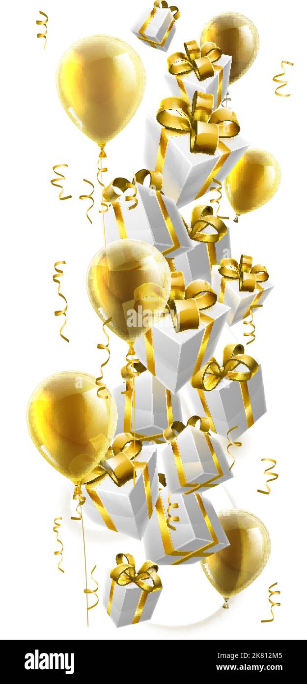 Gold Presents Gifts Prize And Balloons Stock Vector Image & Art - Alamy
