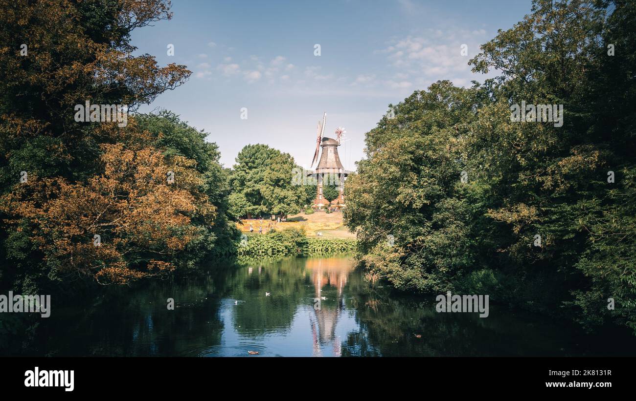 Am Wall Windmill in Bremen, Germany. View from across the lake with the ...
