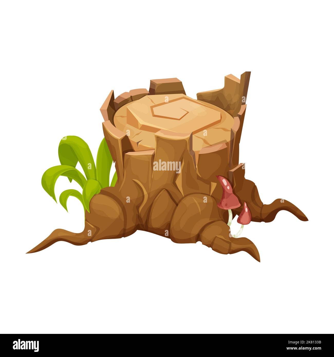 Stump of tree, detailed drawing with grass and mushrooms in cartoon ...