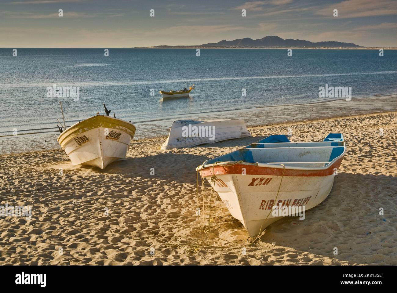 Boats on beach at Bahia de San Felipe, sunrise, in San Felipe, Baja ...