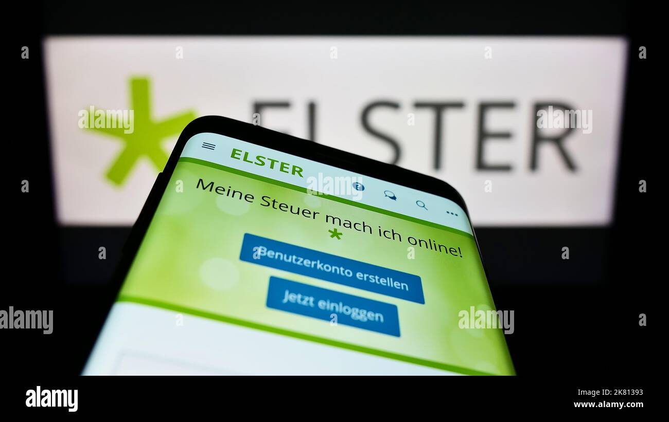 Mobile phone with website of German tax software Elster on screen in ...