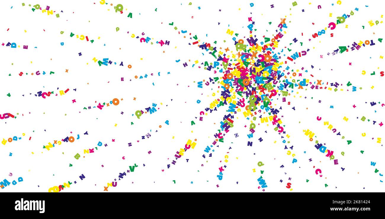 Falling letters of English language. Vivid flying words of Latin ...