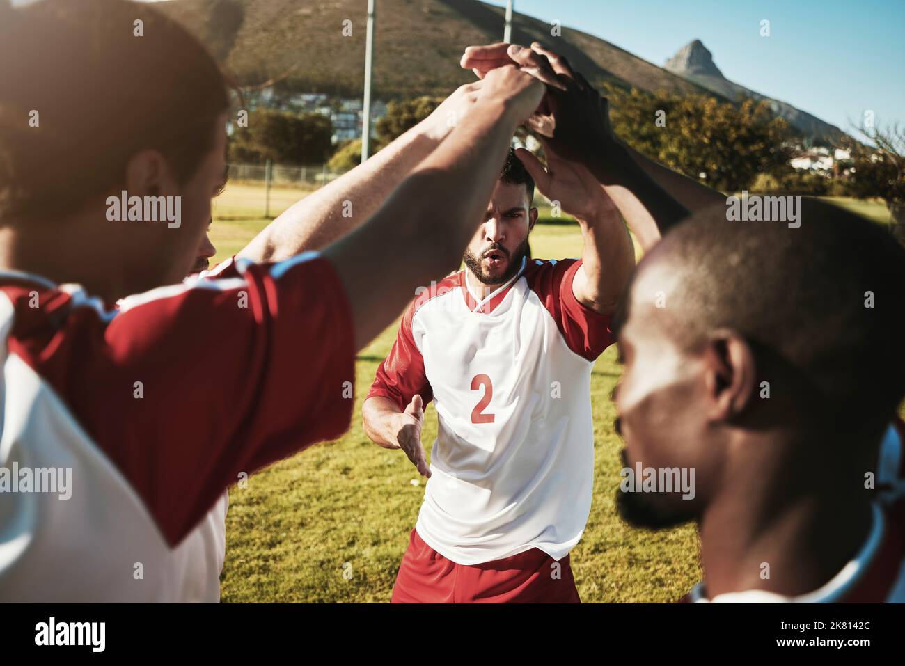 Men, soccer and team hands in collaboration, support and trust before a ...
