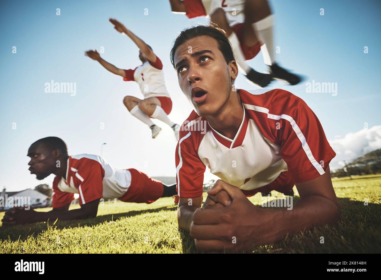 Fitness, soccer and team workout on field, jumping and plank exercise ...