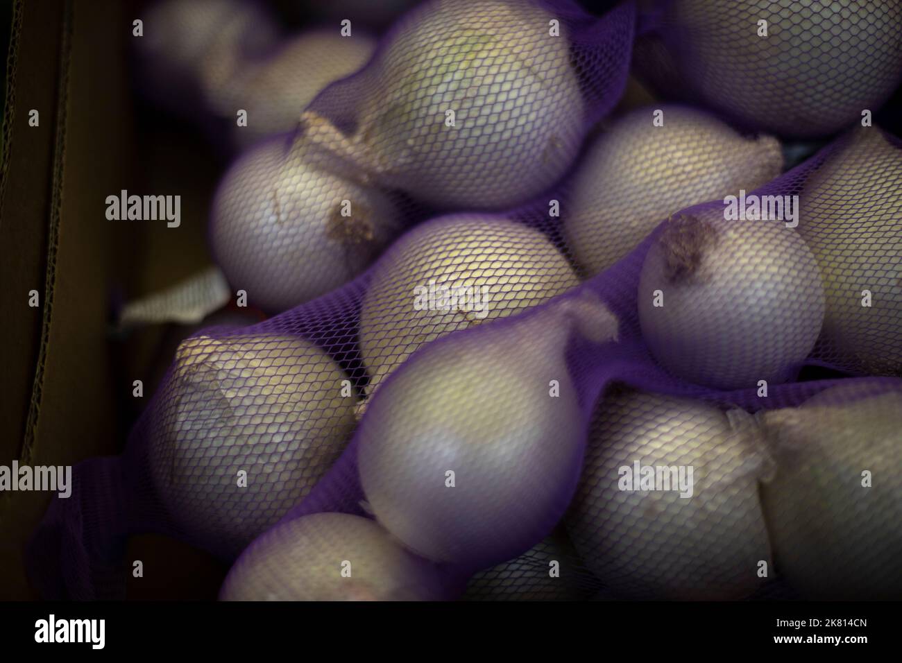 Garlic in net. Sale of vegetables. Root vegetables on market. Healthy ...