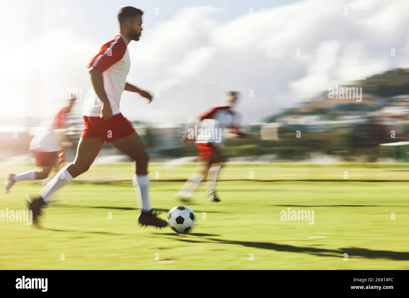 Soccer, team training and men sports game teamwork competition on field ...