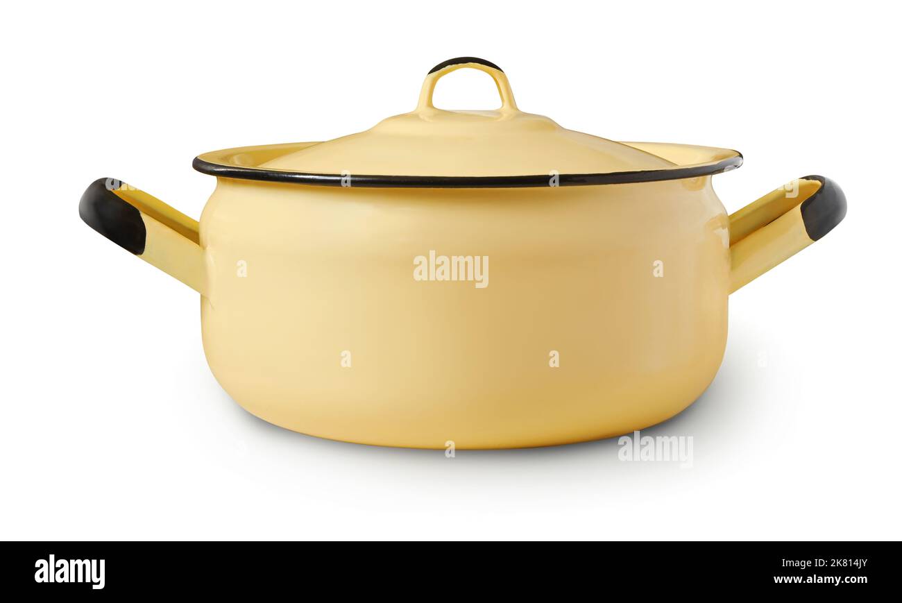 Front view of low yellow enamel cooking pot isolated on white Stock ...