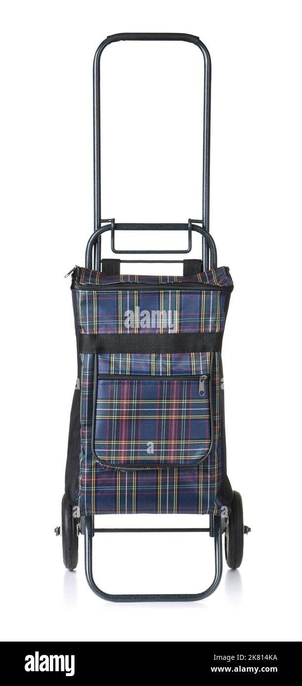 Front view of soft foldable shopping trolley bag with wheels isolated ...