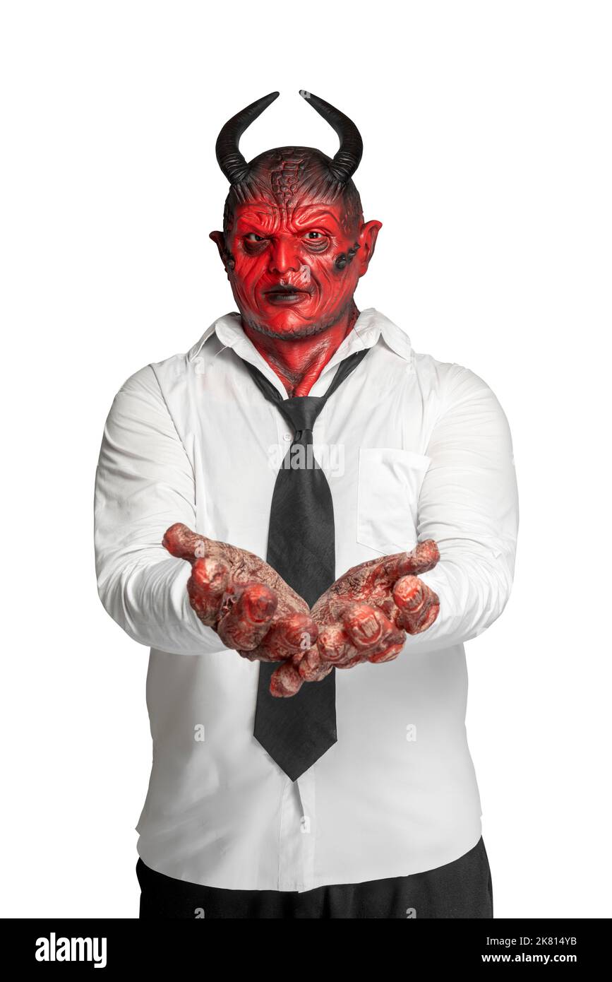 Devilman is standing with an open palm and showing something isolated ...