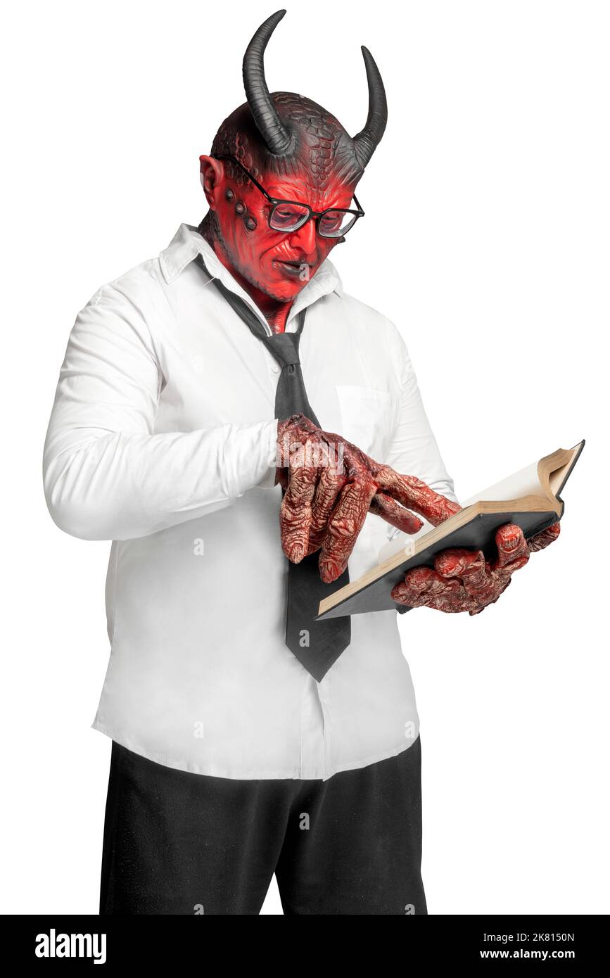 Devilman is standing and holding the book isolated over white ...