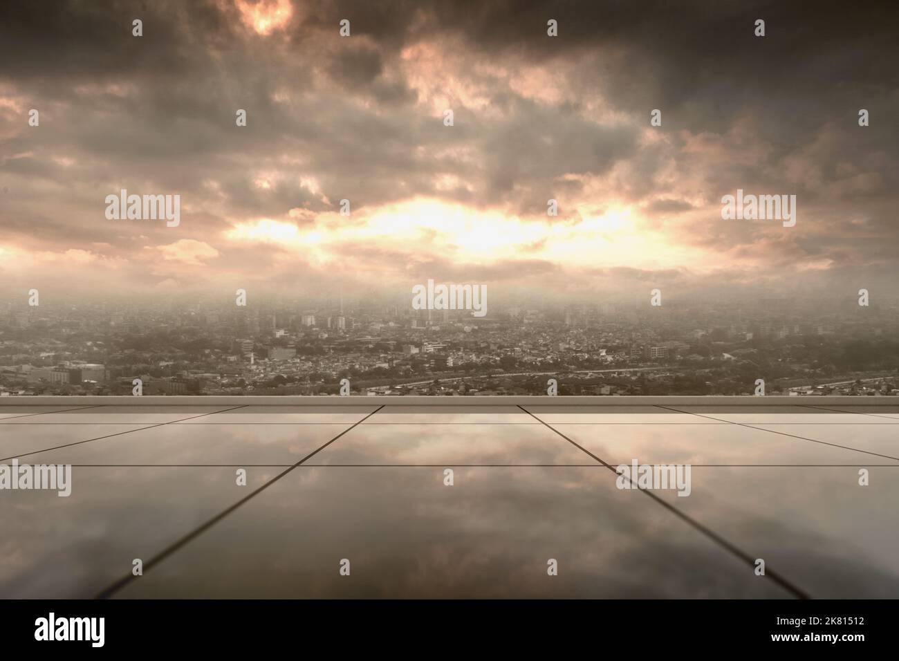 Empty terrace with modern building and skyscrapers view with a dramatic ...