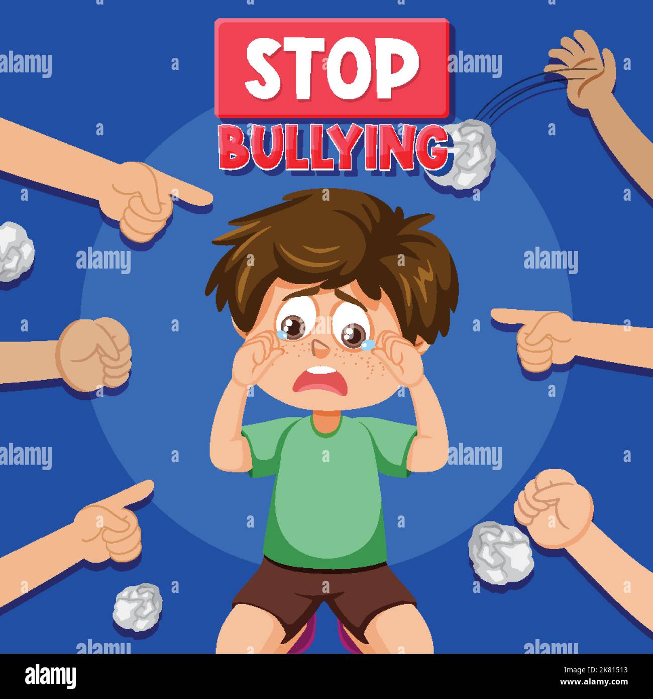 Stop Bullying text with kid surrounded by pointing fingers illustration ...