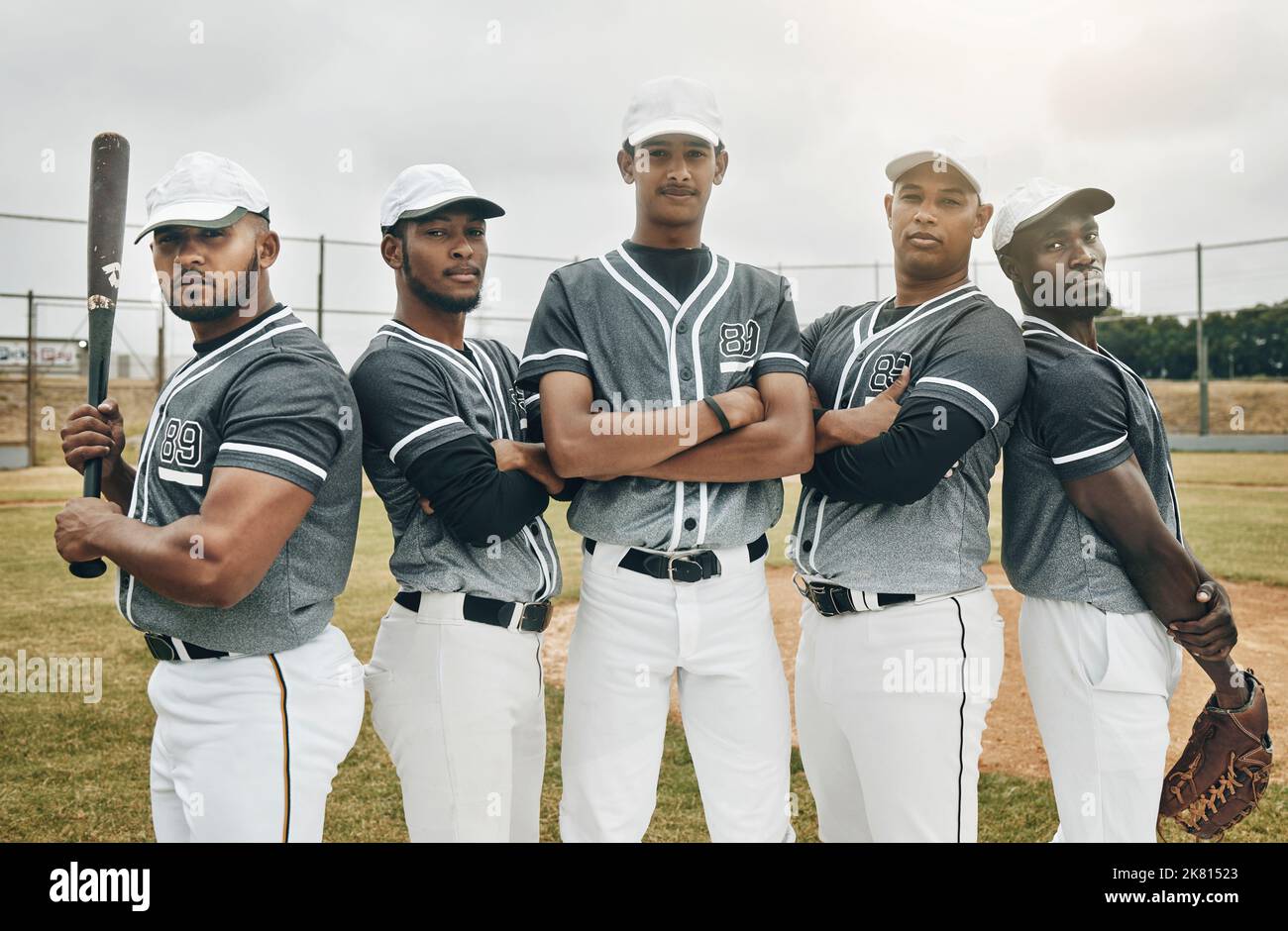 Baseball, team and sports men portrait on a baseball field for training ...