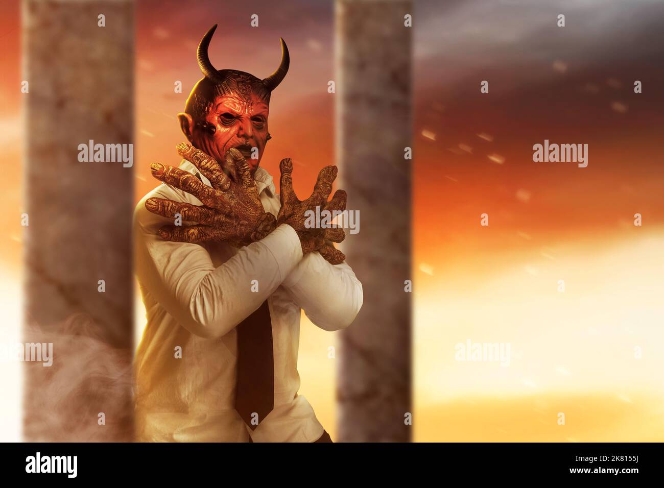 Devilman is standing in the dramatic scene background. Halloween ...