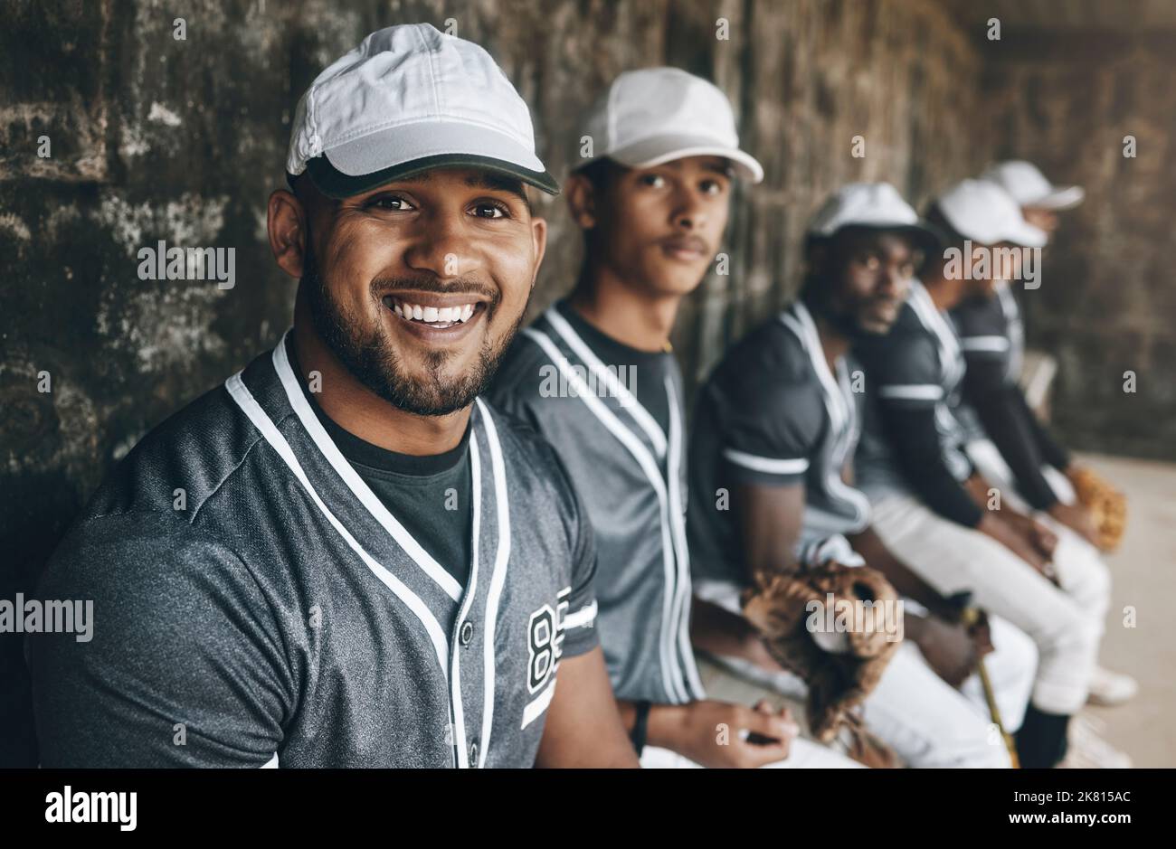 Happy man, baseball player and team sports portrait, motivation and ...