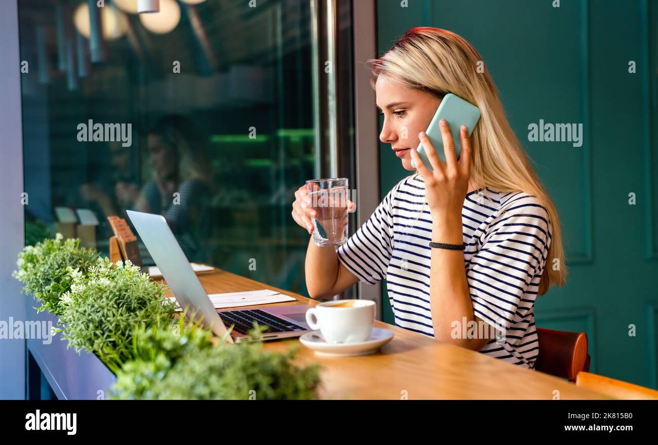 Portrait of happy young woman using smartphone. People mobile phone ...