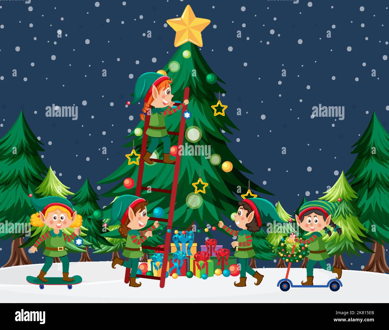 Children in elf costume decorating Christmas tree illustration Stock ...