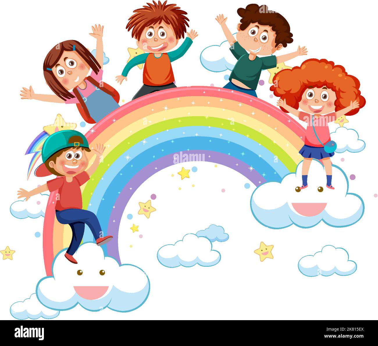 Happy children with rainbow illustration Stock Vector Image & Art - Alamy