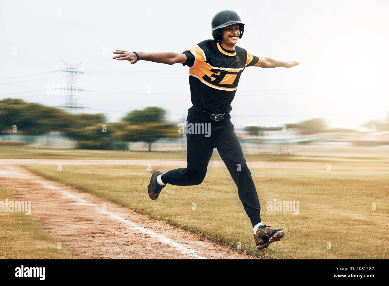 Baseball, man and running celebration on baseball field after scoring ...