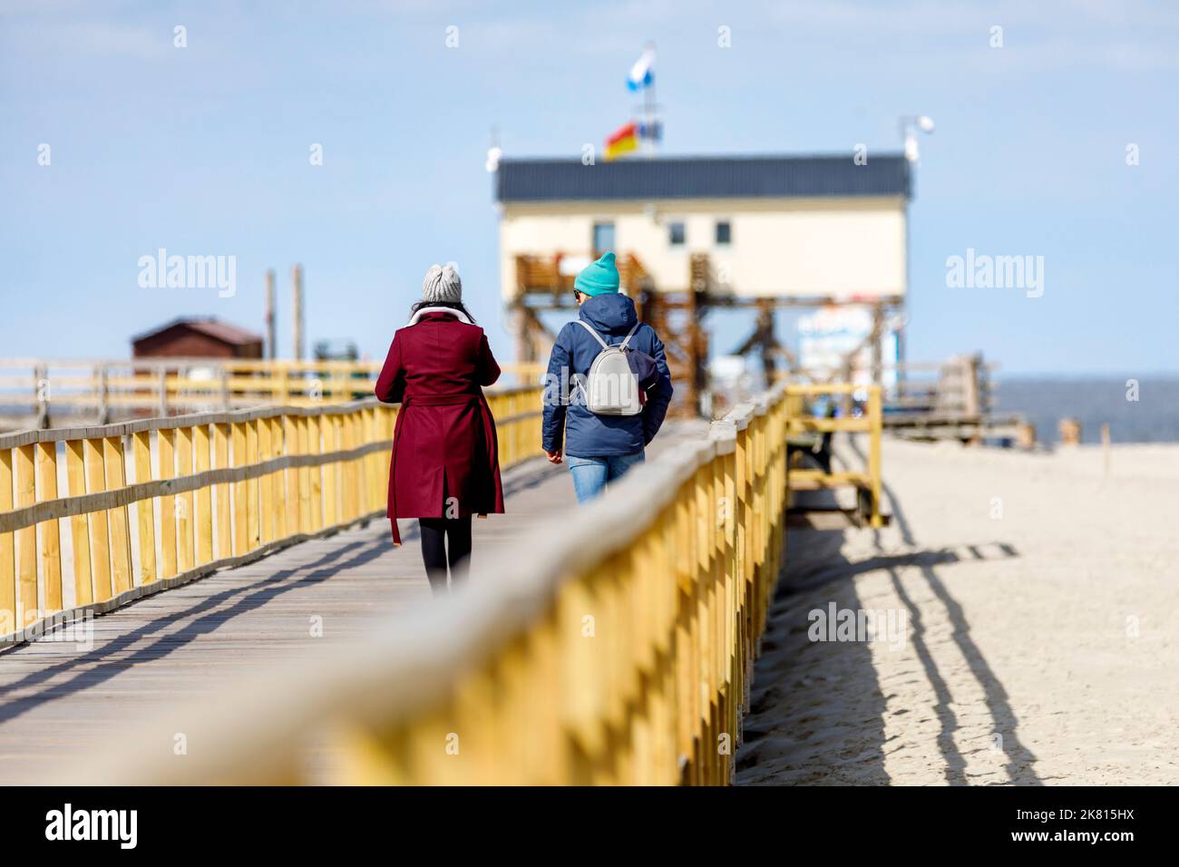 Pier to the Sankt Peter-Ording beach, at the end the sandbank with the ...