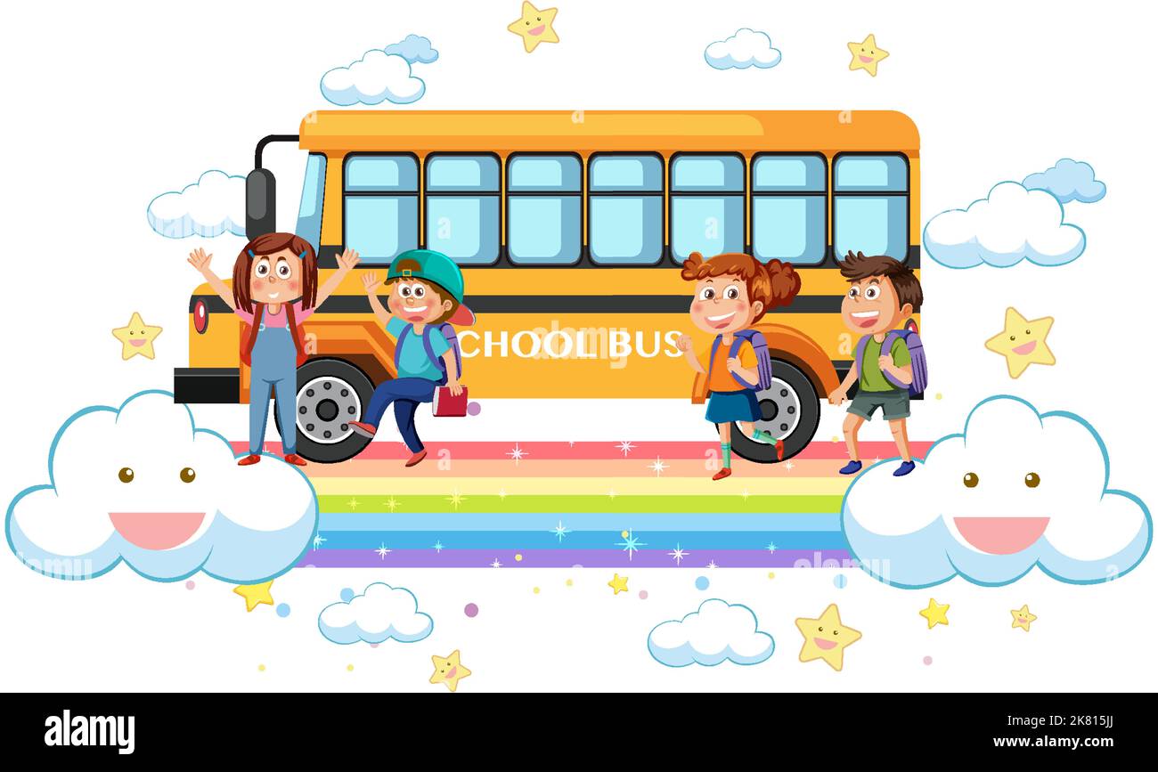 School bus children with rainbow illustration Stock Vector Image & Art ...