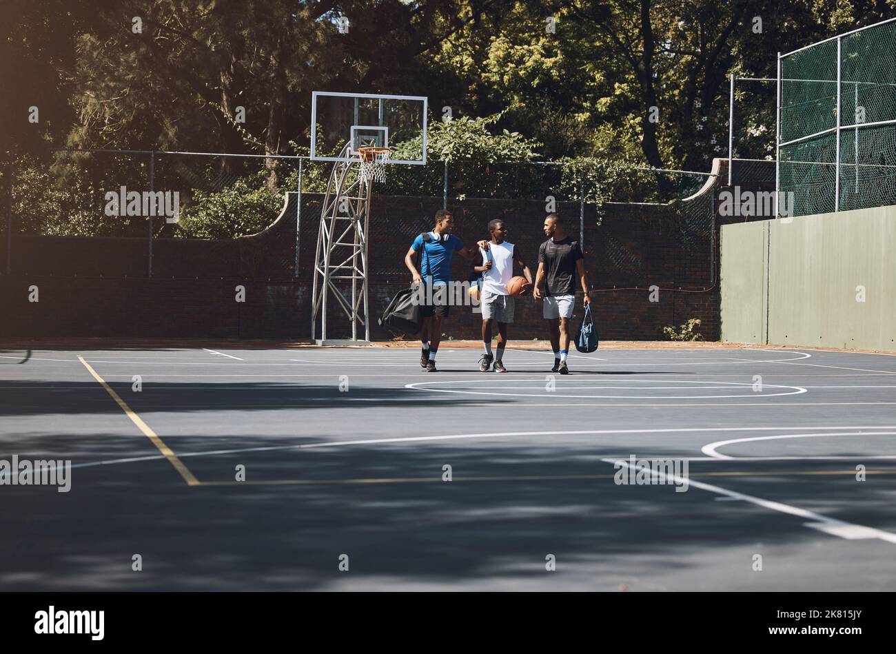 Basketball court, men and sports team in fitness, workout and training ...