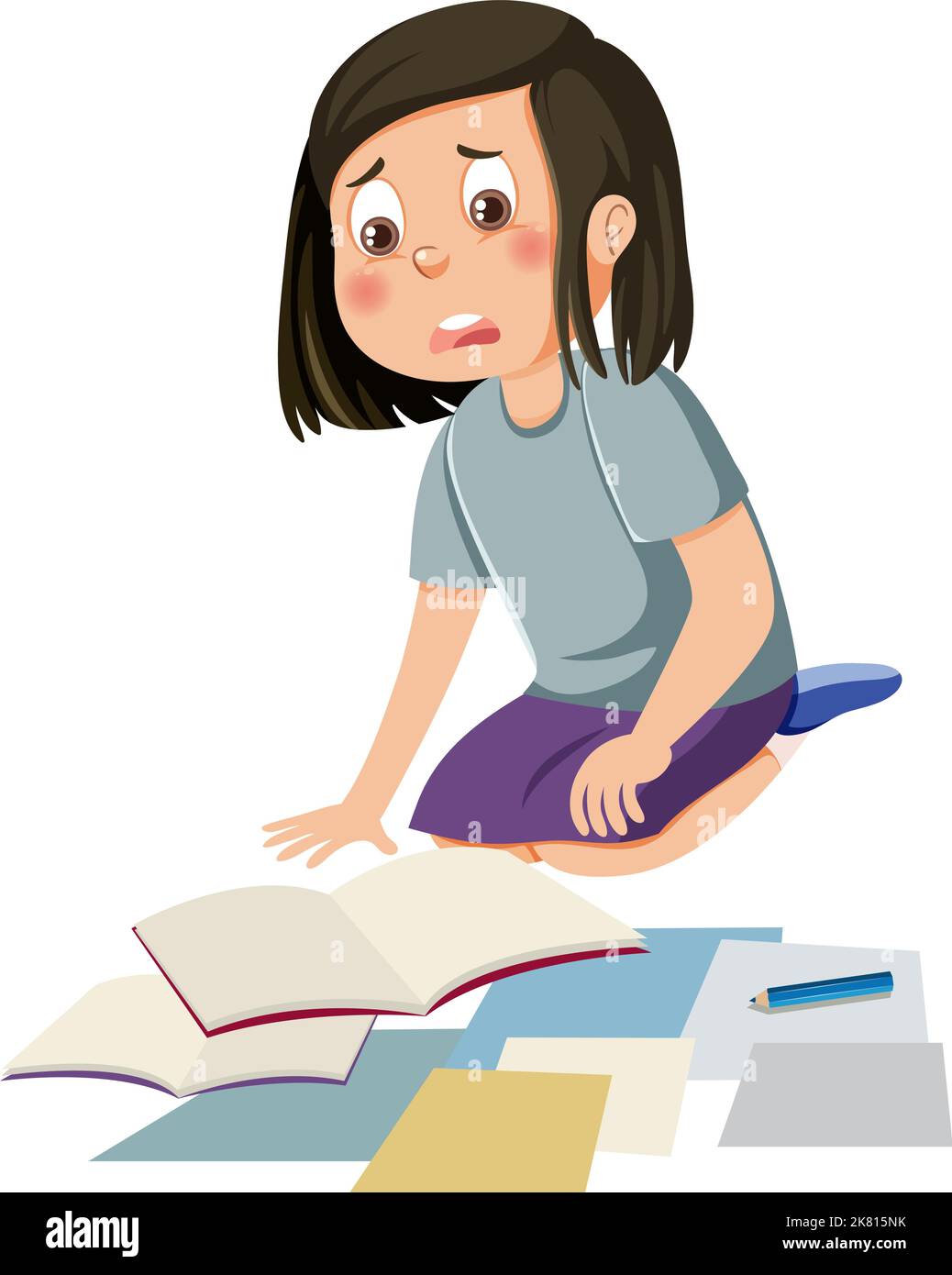 Sad girl with book and paper on the ground illustration Stock Vector ...