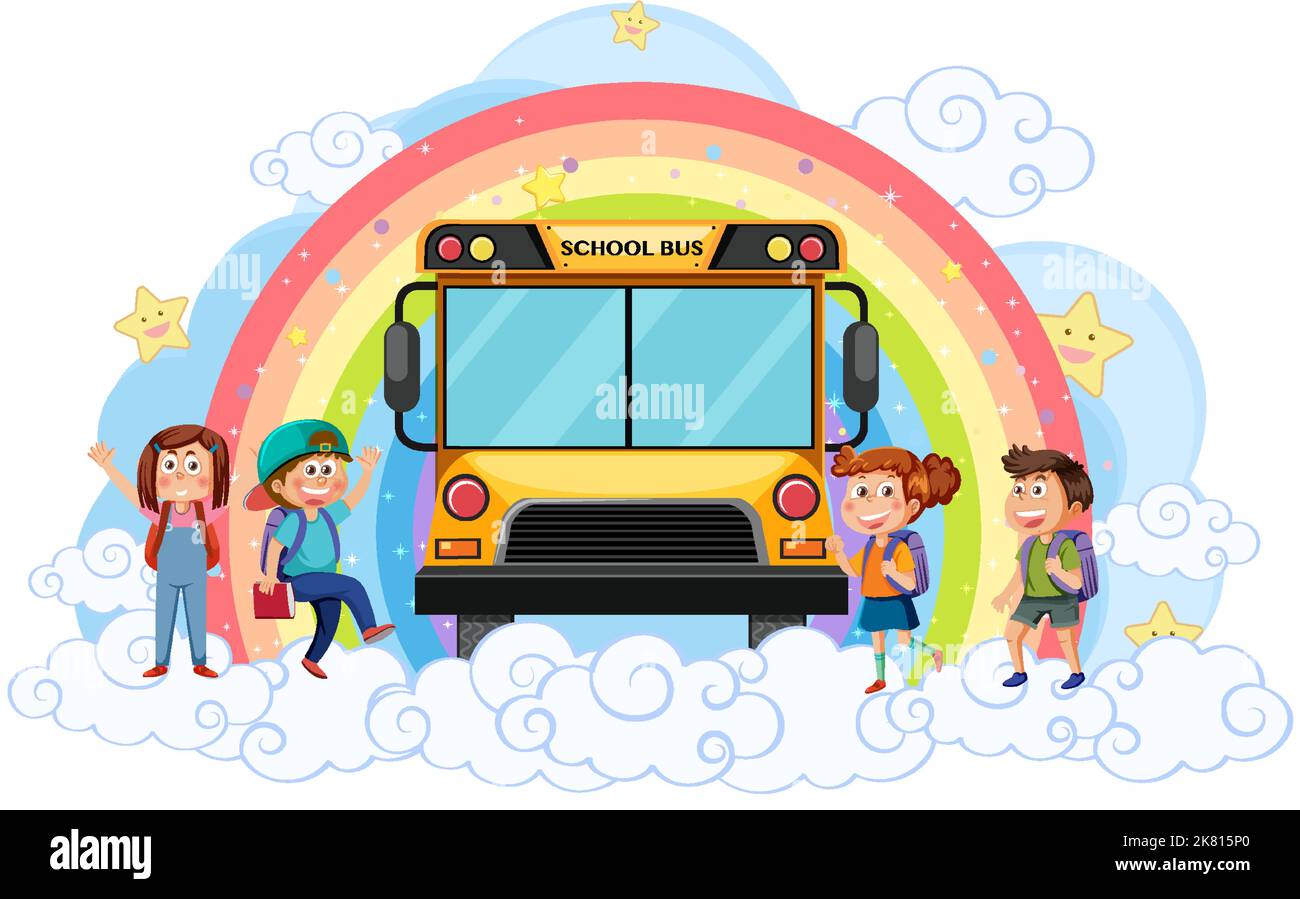 School bus children with rainbow illustration Stock Vector Image & Art ...
