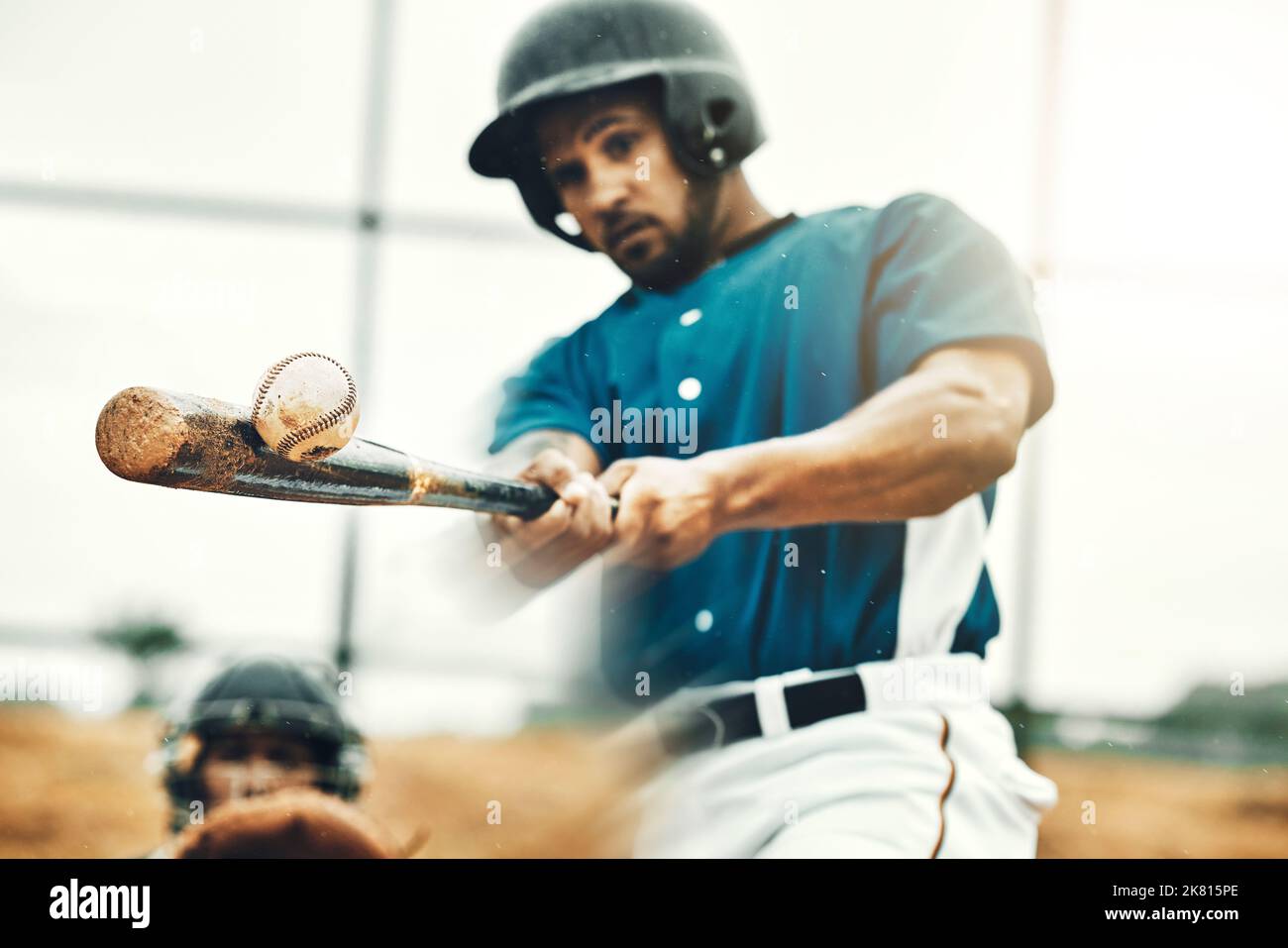 Sports, baseball and bat with a man athlete hit a fast ball and score ...