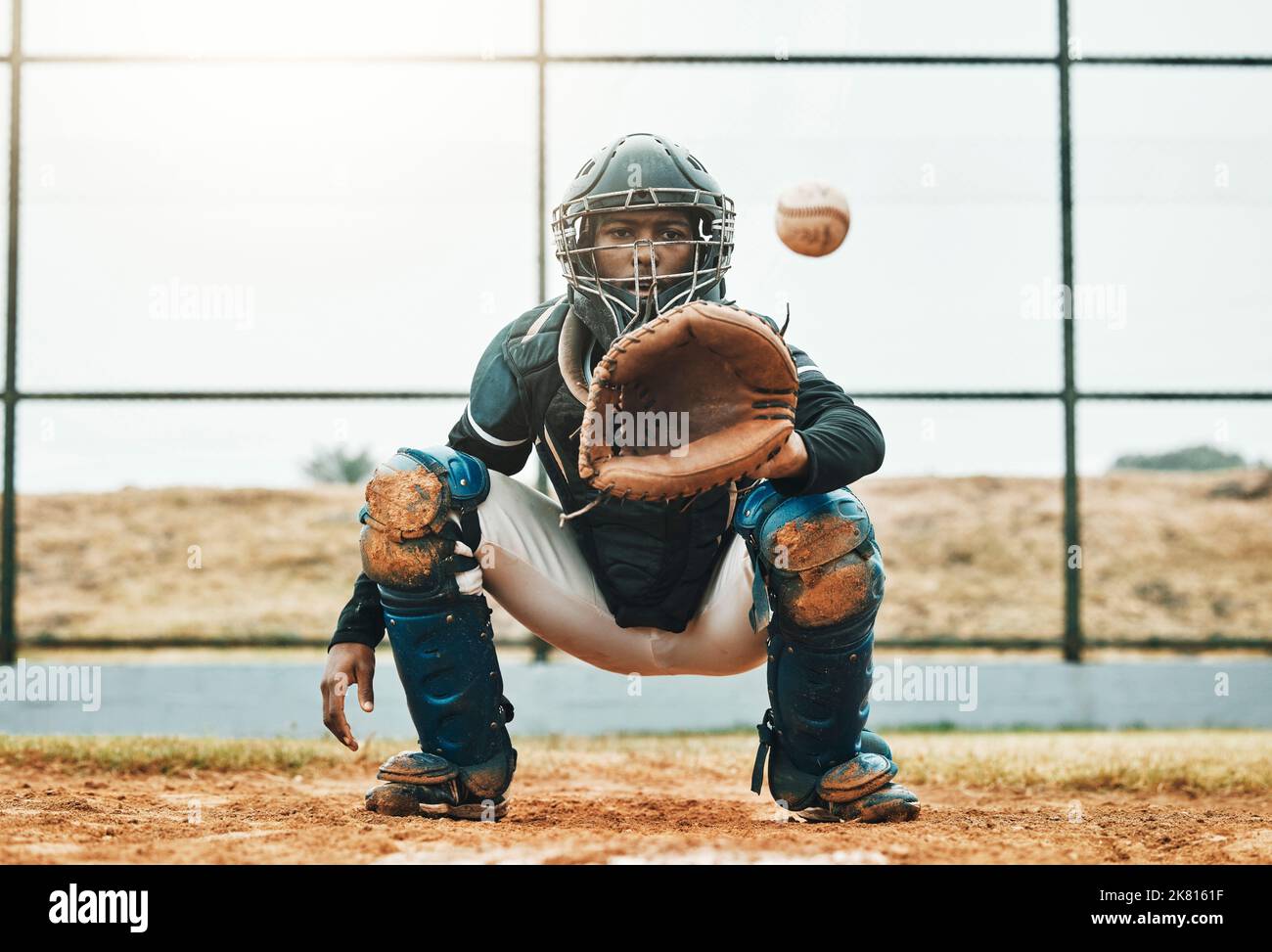 Baseball, catch and sports at the pitch for game, point or score with ...