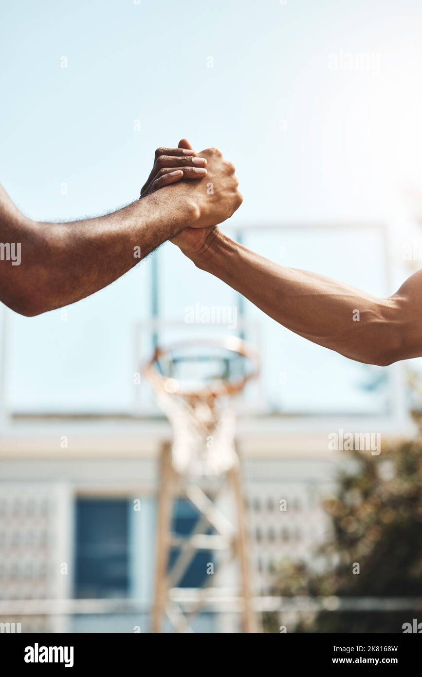 Basketball men handshake before game at sport court for good luck ...