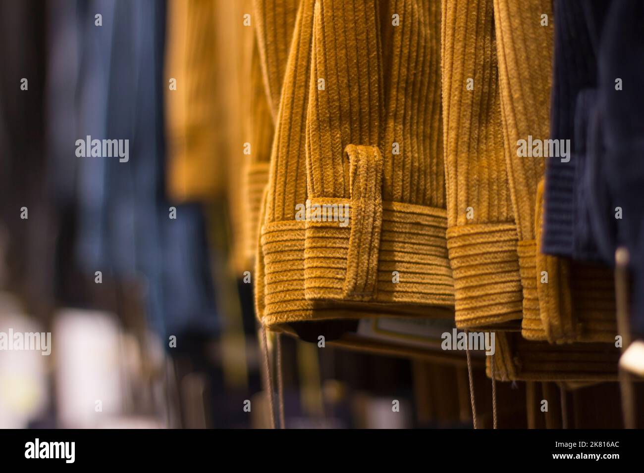 Close up on textile pattern background selection for men trousers, no ...