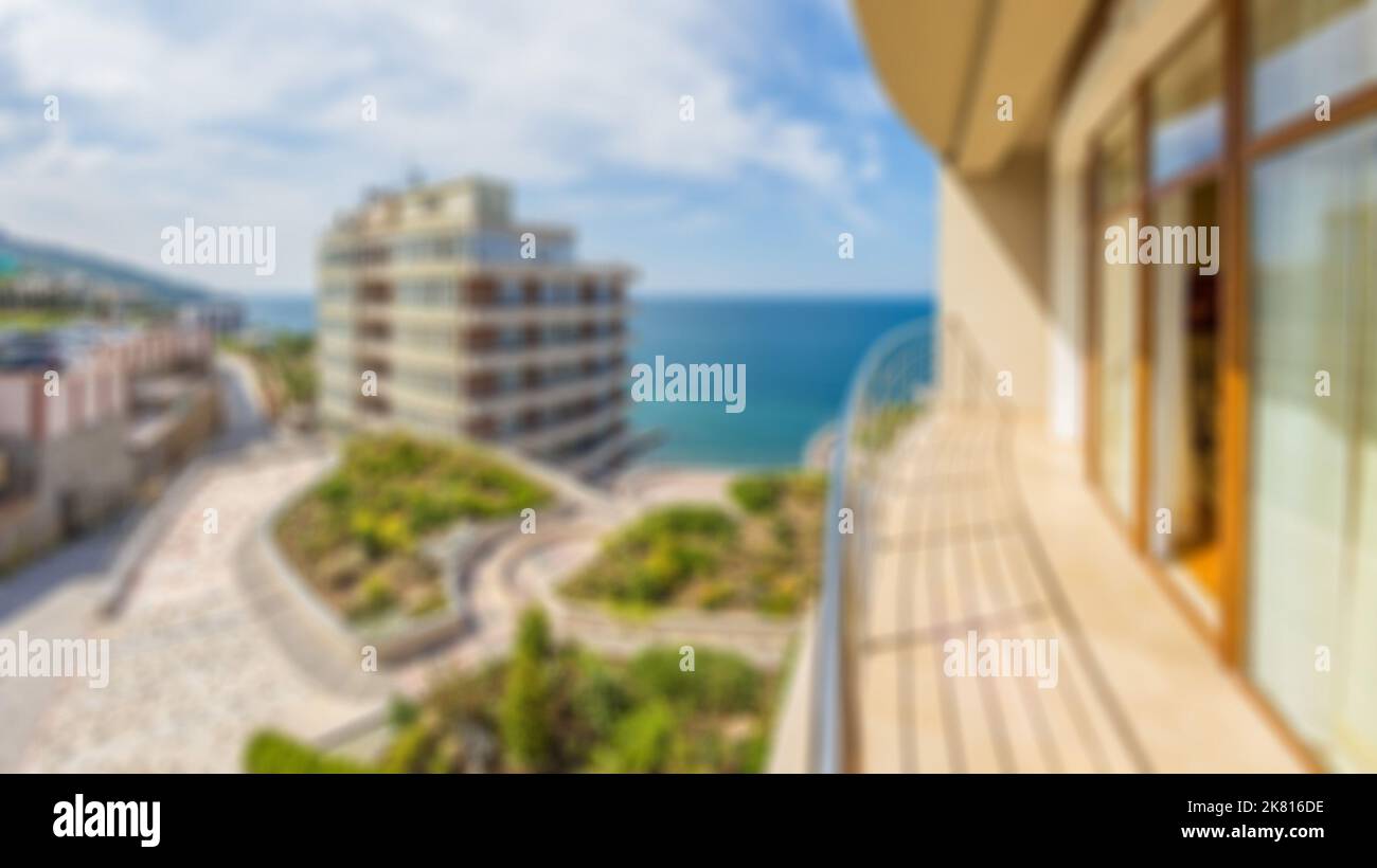Abstract defocused sea view with clear blur sky, view from high floor ...