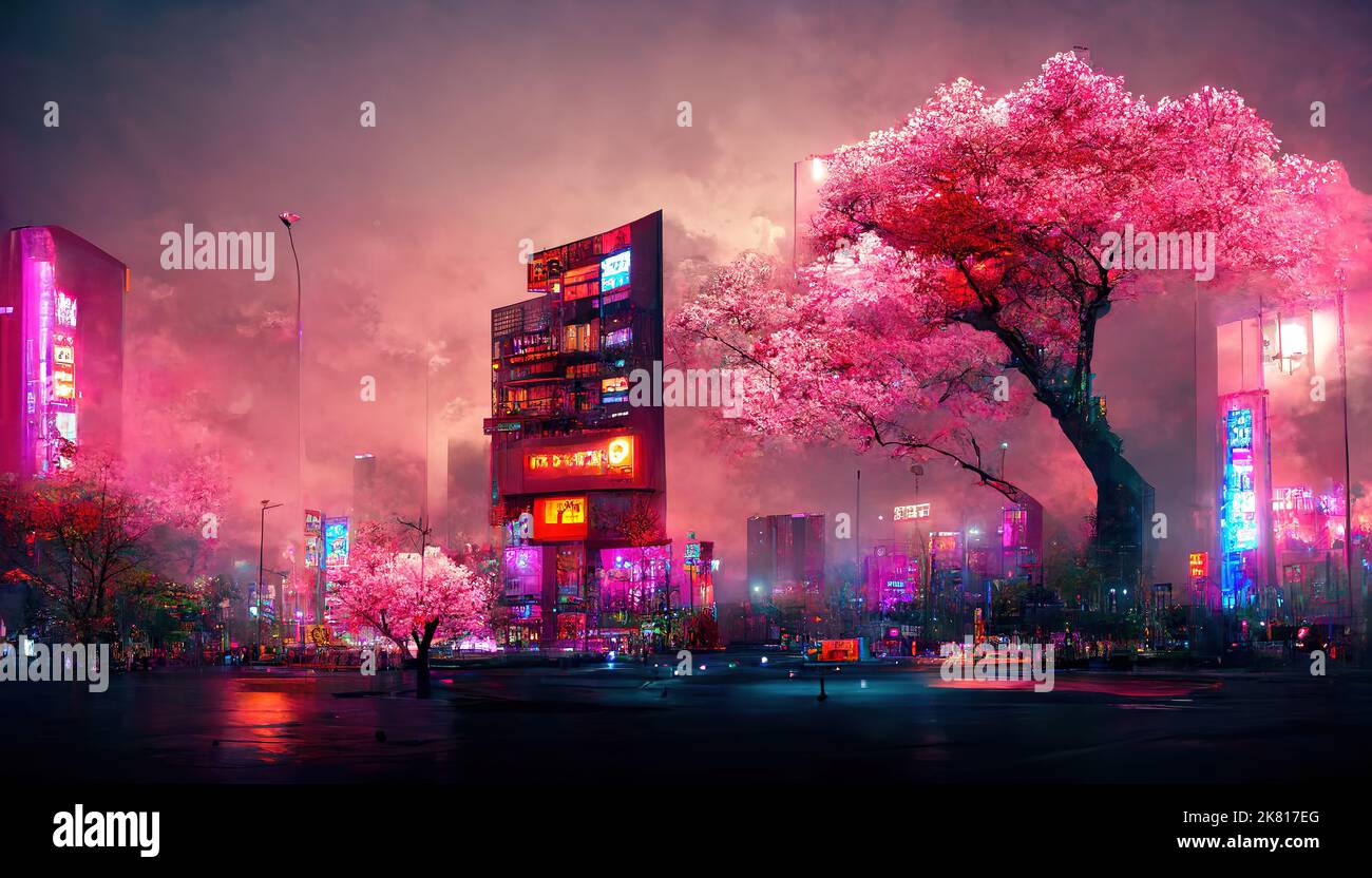 Fantasy Japanese night view city citycape, neon light, residential ... Fantasy Japanese night view city citycape, neon light, residential ...