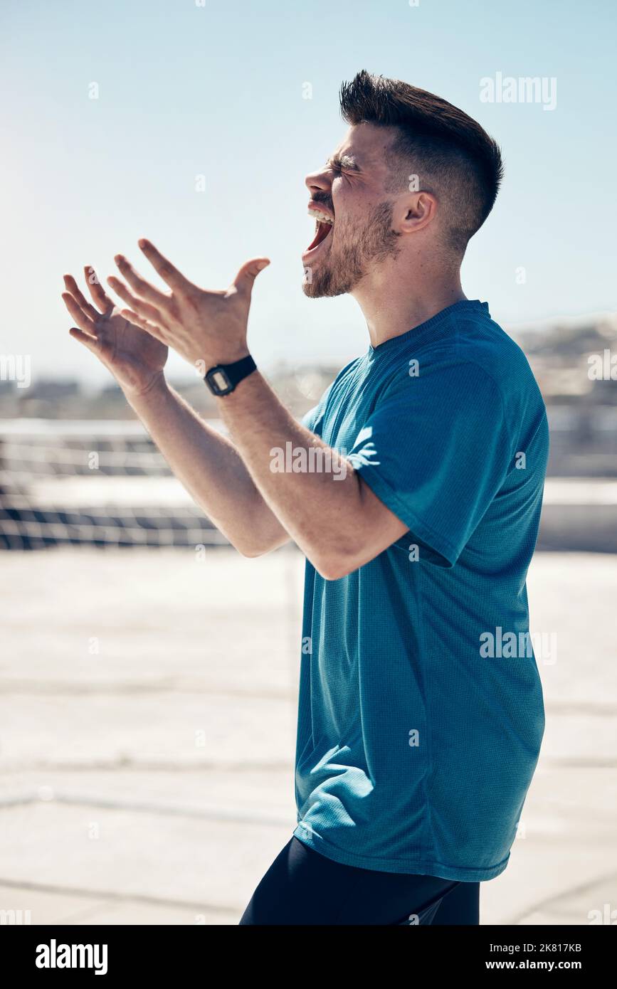 Hands, angry man and screaming in fitness, training and exercise after ...