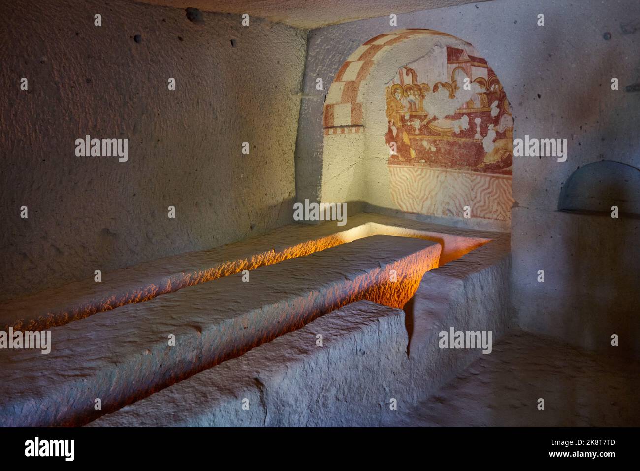 Refectory, detail of an interior room carved into the tuff in goreme ...