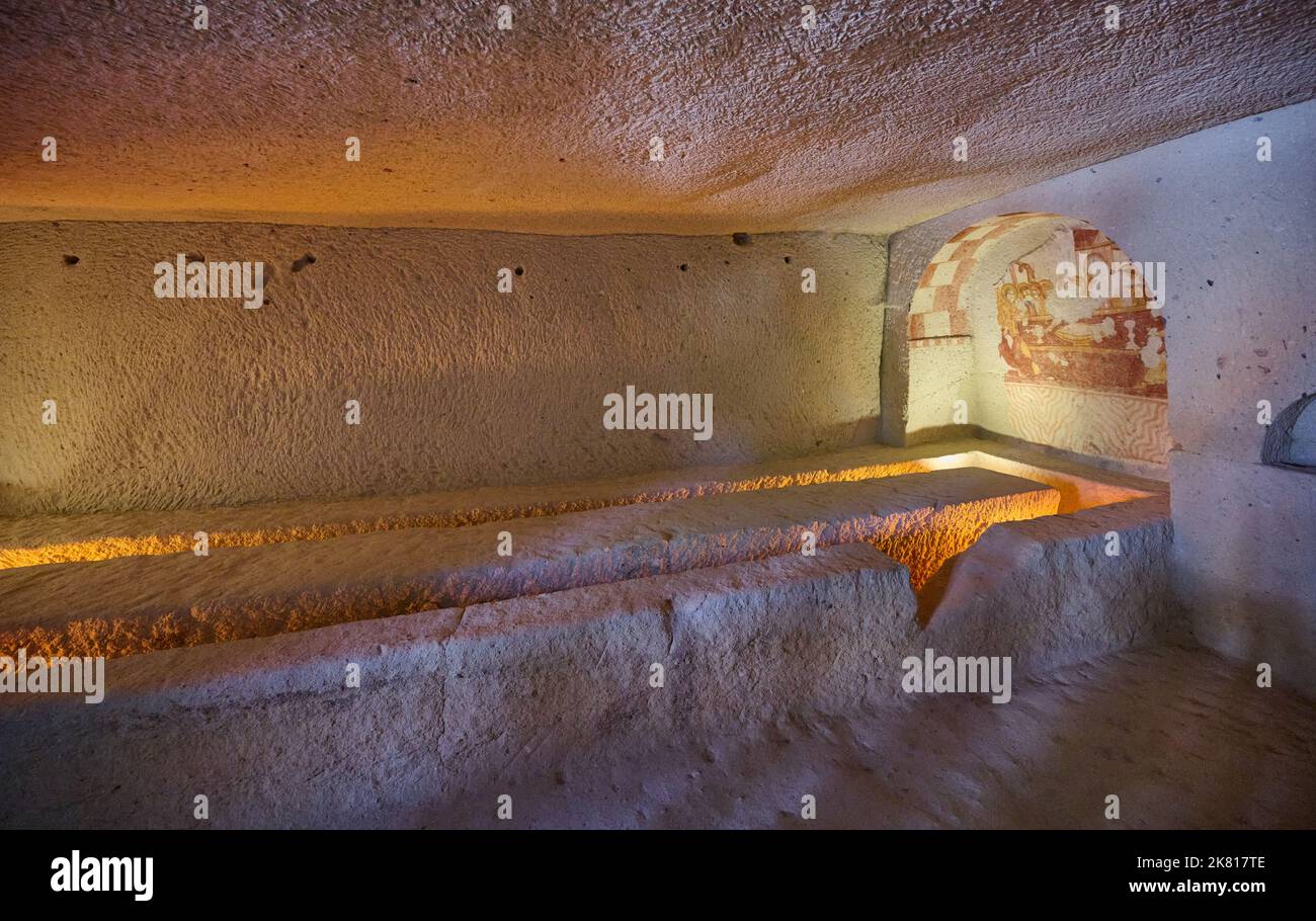 Refectory, detail of an interior room carved into the tuff in goreme ...