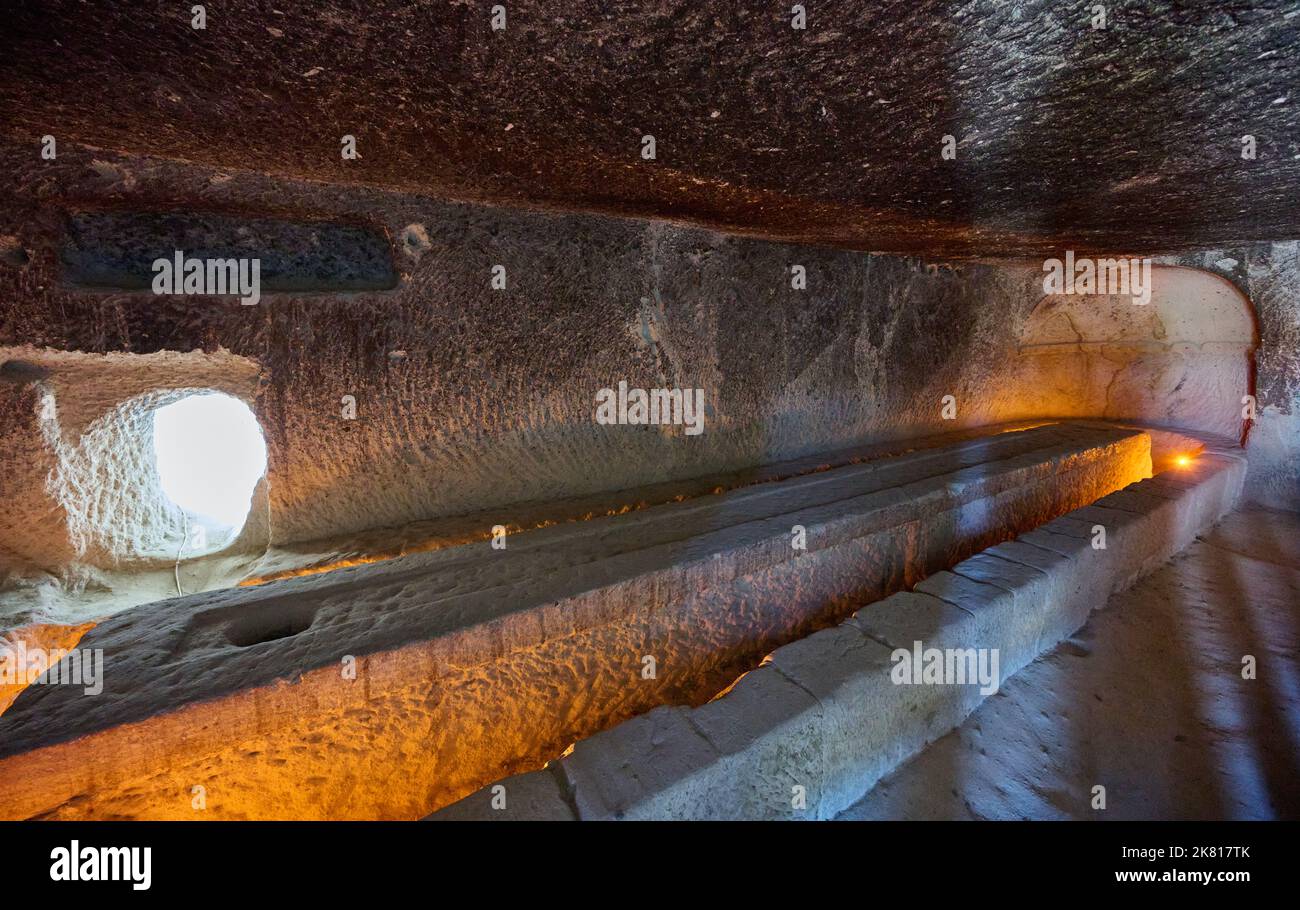Refectory, detail of an interior room carved into the tuff in goreme ...