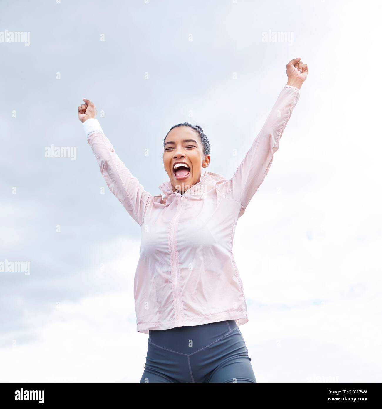 Happy woman, fitness success and achievement, freedom and motivation of ...