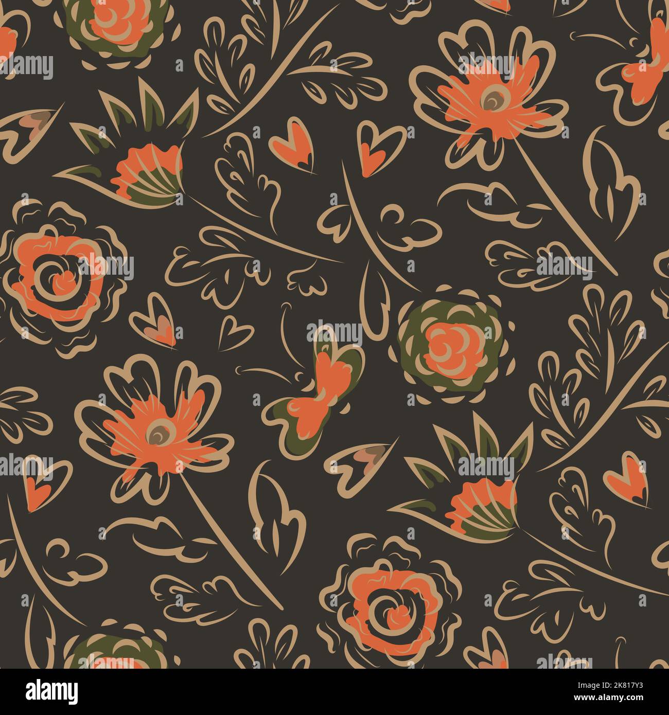 Boho wild meadow flower. butterfly, heart seamless vector pattern ...