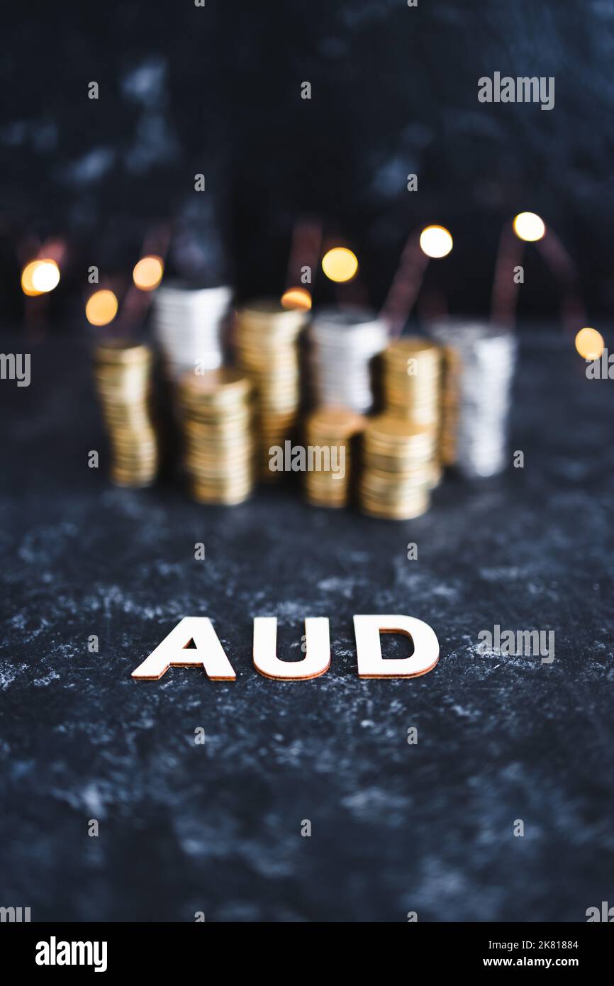 currency exchange rate conceptual image, AUD Australian Dollar text in ...