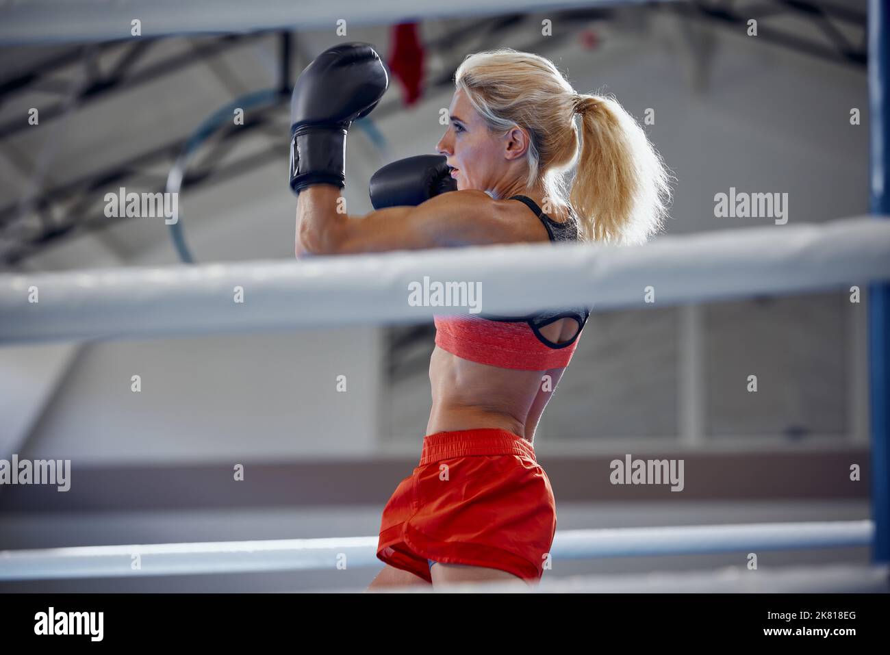 Sportive woman, female professional boxer training at sports gym ...